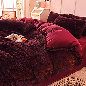 AETVRNI Luxury Plush Shaggy Faux Fur Duvet Cover Set, Super Soft 4 Pieces Dark red Fluffy Comforter Cover Set, Bedding Set(1 Plush Furry Duvet Cover+ 1 Flat Sheet+ 2 Pillow Shams),2,King
