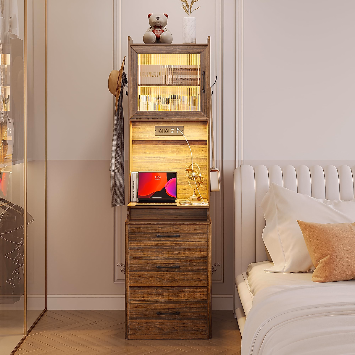 Vlsrka 70" H Vanity Desk with Flip Top Mirror, Small Vanity Desk with Mirror and Lights, Compact Vanity with Hidden Chair, Drawers, Power Outlet, Vanity Dressing Table for Small Spaces, Brown