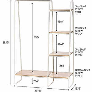 IRIS USA Clothing Rack, Clothes Rack with 4 Wood Shelves, Freestanding Clothing Rack, Easy to Assemble Garment Rack, Standing Metal Sturdy Clothing Rack, Small Space Storage Solution, White