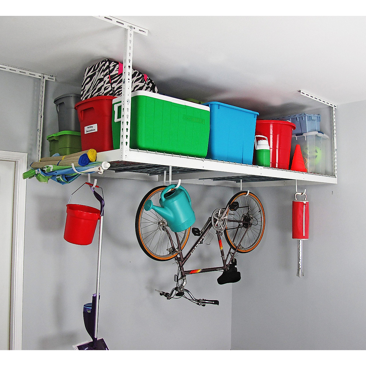 MonsterRax Overhead Garage Storage Rack- 4 x 8 Ceiling Rack for Garage Shelving, Organization, & Storage, Adjustable Hanging Storage for Bikes, Equipment & Accessories (White, 12"-21").