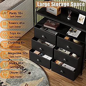 Furologee 6 Drawer Dresser Fabric, Double Shelf Black Closet Organizer Storage Tower Unit for Bedroom, Living Room Entryway, Rustic Bins, Sturdy Metal Frame