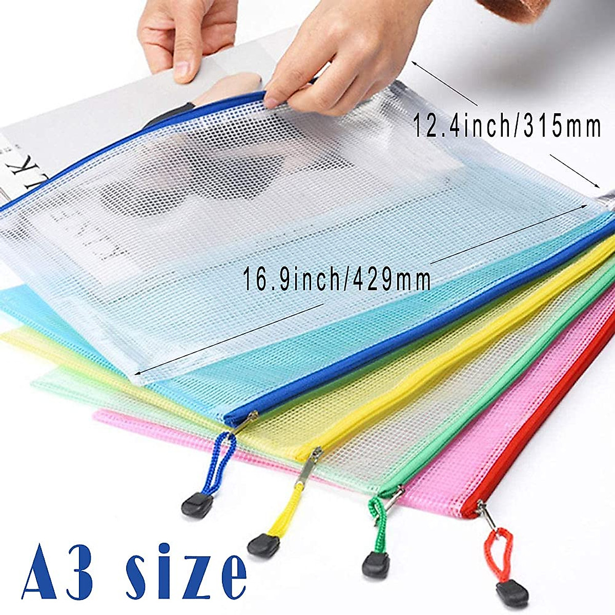 ZYHW Mesh Zipper Pouch, 16.9x12.4 in (5 Colors, 12 Packs), Plastic Zipper Bags, Waterproof Zipper Pouches for School Office Supplies, Puzzles, Board Games & Cross Stitch Projects
