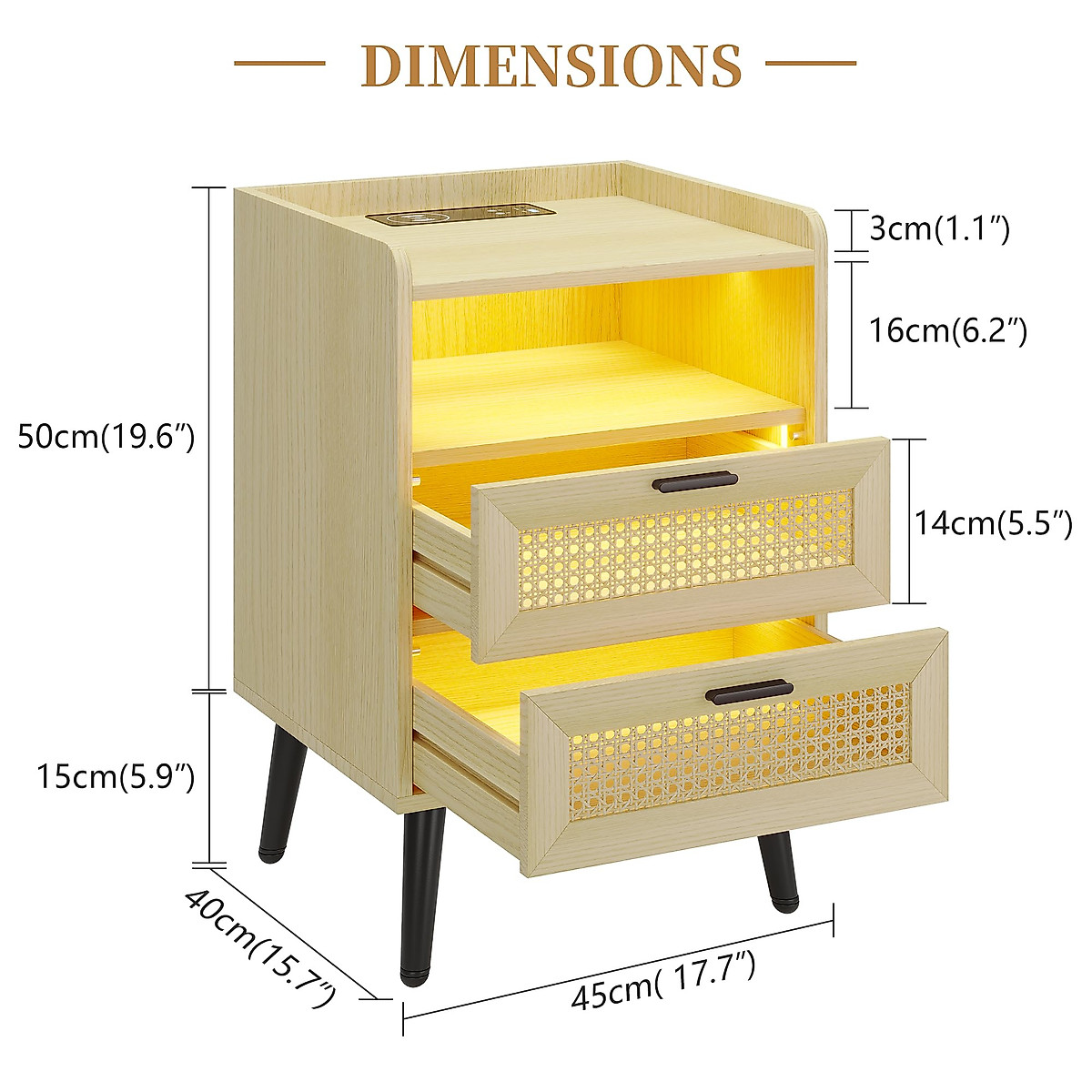 Vlskra Rattan Nightstand with Charging Station, Boho Night Stand with 2 Storage Drawers, Tall Boho Nightstand with Light, 3 Colors Dimmable Lighting, Human Sensor Light (Light Wood)