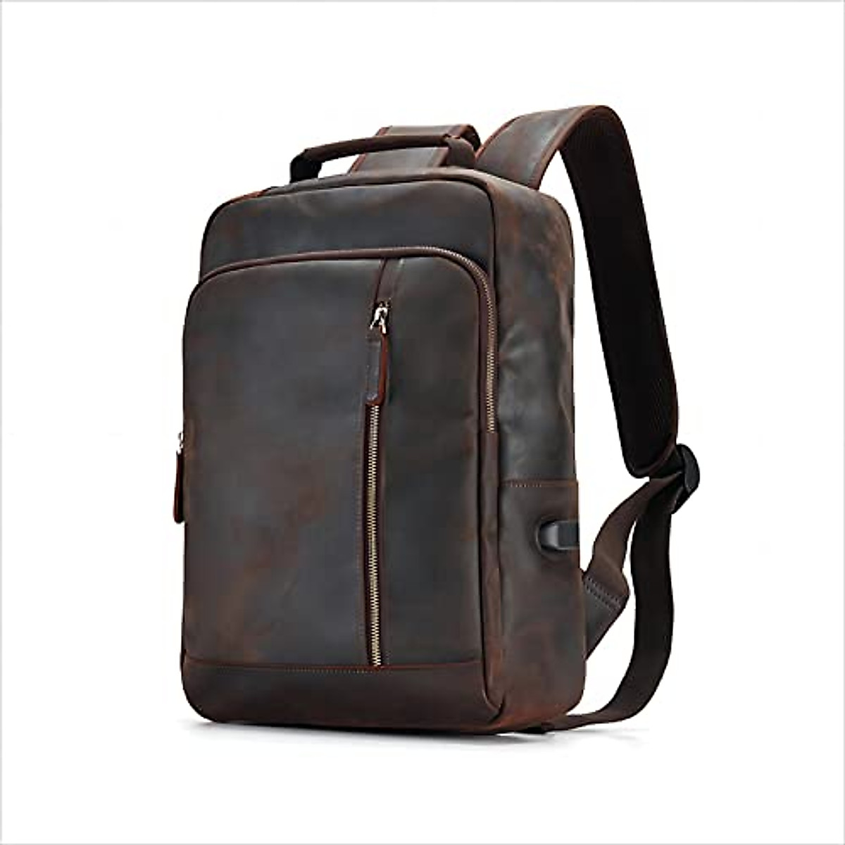 Syewekym Genuine Leather Backpack Multifunctional 15.6 inch Laptop Business Rucksack with USB Large Capacity Backpack (Coffee)