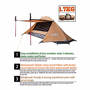 camppal 1 Person Tent Backpacking Tent for Camping Hiking Trekking Hunting Super Lightweight and Waterproof & Windproof 4 Season Mountain tent MT051 (Khaki)