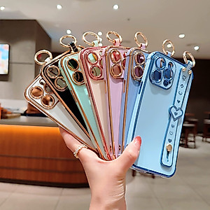 IDweel for iPhone 13 Pro Max Case with Adjustable Wristband Strap Kickstand Loop Heart Luxury Plating,Raised Corners Bumper Shockproof Slim Fit Durable Cover for Women Girls,Rose Gold