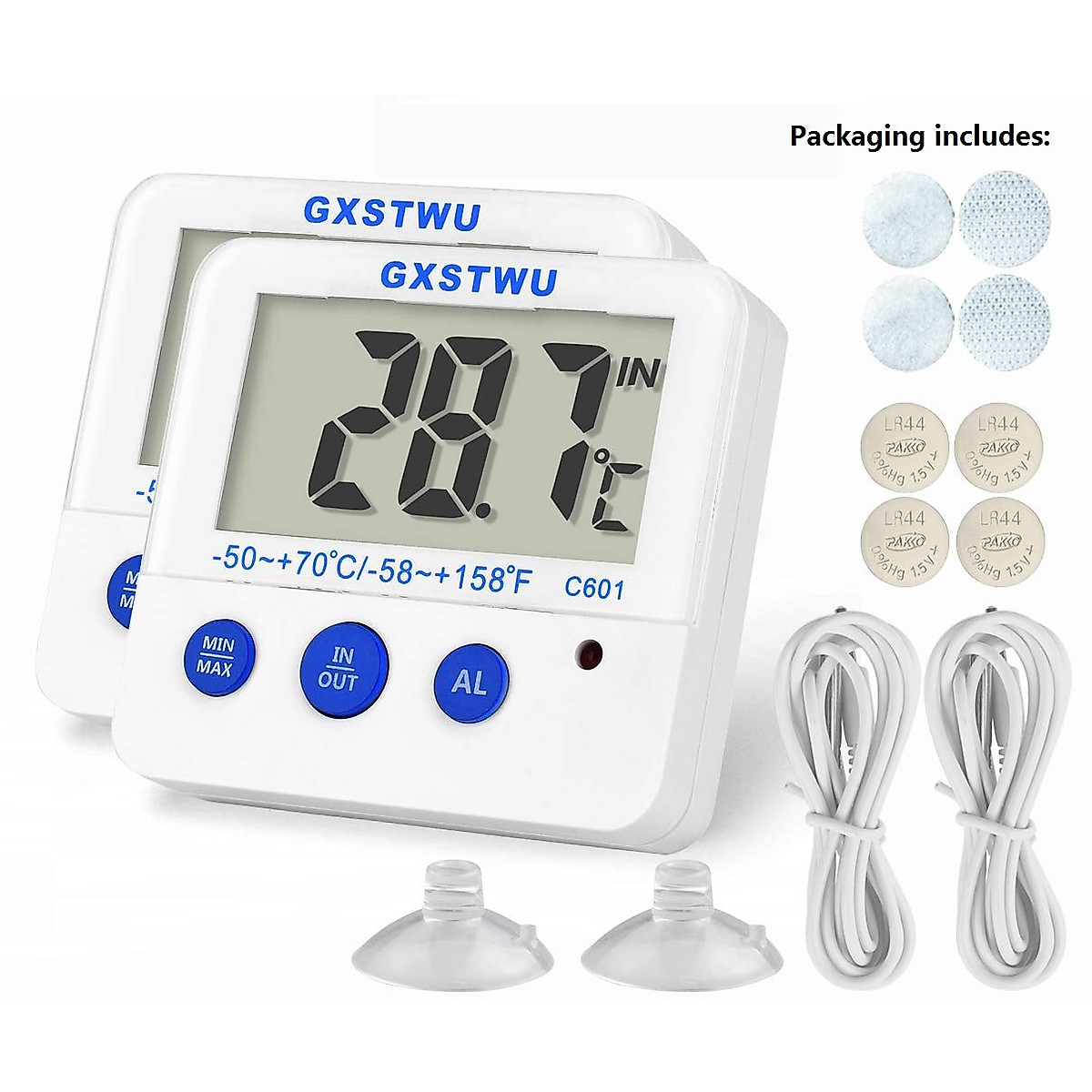 Fridge Freezer Thermometer Max/Min Memory LXSZRPH High & Low Temperature Alarms Settings with LED Indicator Digital Refrigeration Thermometer with Magnetic,Stander (WhiteMeter2pack)