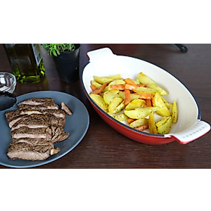 1.58 Qt Enameled Cast Iron Oval Roaster, Casserole Dish, Lasagna Pan, Deep Roasting Pan, for Cooking and Baking - Small 13.4" x 8.46" - Red