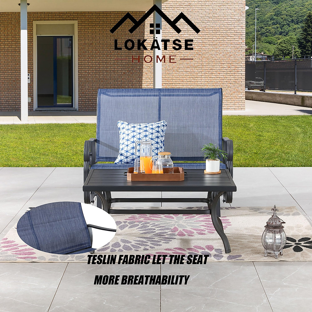 LOKATSE HOME 2 Pieces Outdoor Furniture Set Bench Glider Chair Metal Loveseat with Coffee Table, Blue