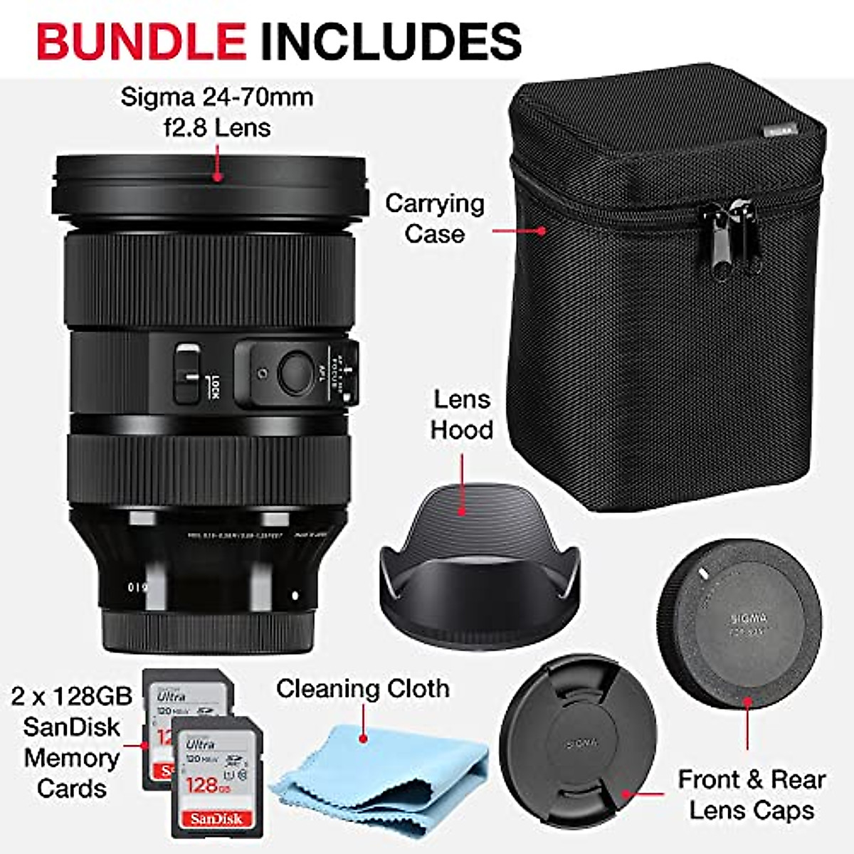 Sigma 24-70mm F2.8 Art for Sony Camera Bundle with Sony 24-70 Sigma Lens, Lens Front and Rear Caps, Lens Hood, Lens Case, 2X 128GB SanDisk Memory Cards (7 Items) - Sigma 24-70mm