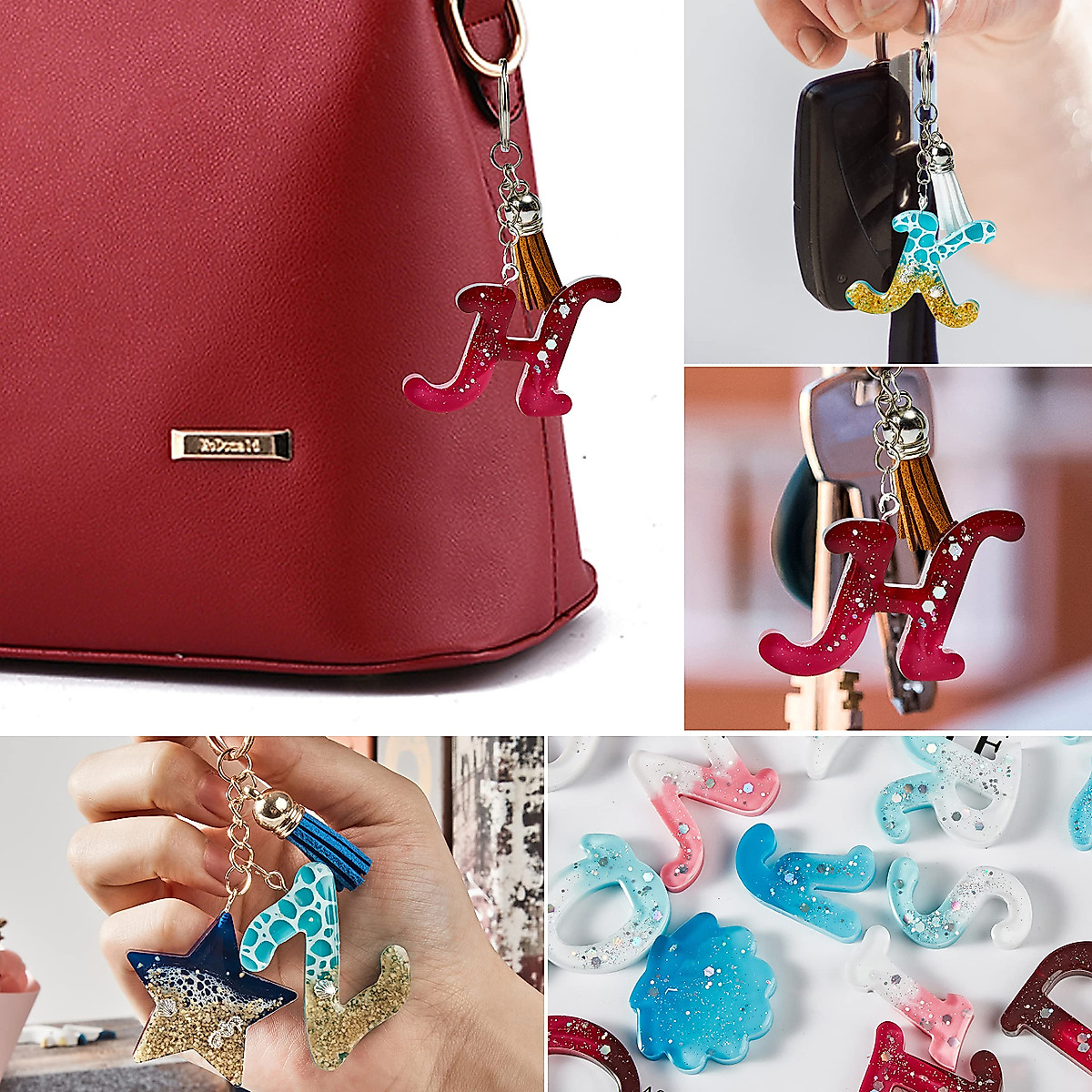 ISSEVE 164Pcs Obverse Alphabet Resin Molds Kit, Silicone Molds for Resin Casting DIY, Letter & Ornament Epoxy Molds Resin Keychain Making Set with 1 Hand Drill 2 Drill Bits 160Pcs Keychain Supplies