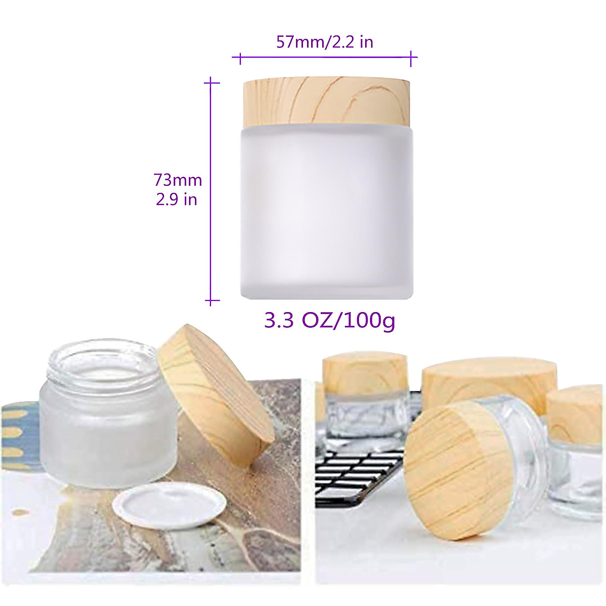 Healthcom 2 Pcs 100 Grams/100 ML Empty Glass Jars Frosted Glass Cosmetic Cream Jar Bottles Pot Wood Grain Lid Refillable Container Cream Box Lotion Face Cream Jar DIY Makeup Lip Balm Eyeshadow