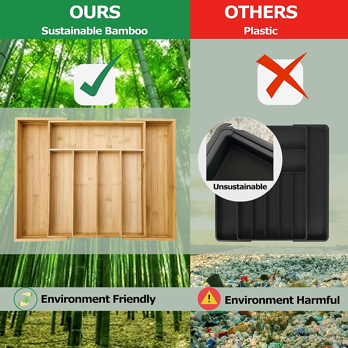 MASS DYNAMIC Expandable Bamboo Drawer Organizer for Silverware, Adjustable Cutlery Tray, Wood Drawer Dividers Flatware Organizer for Kitchen Utensils Holder, Garage Tools and Stationary Holder