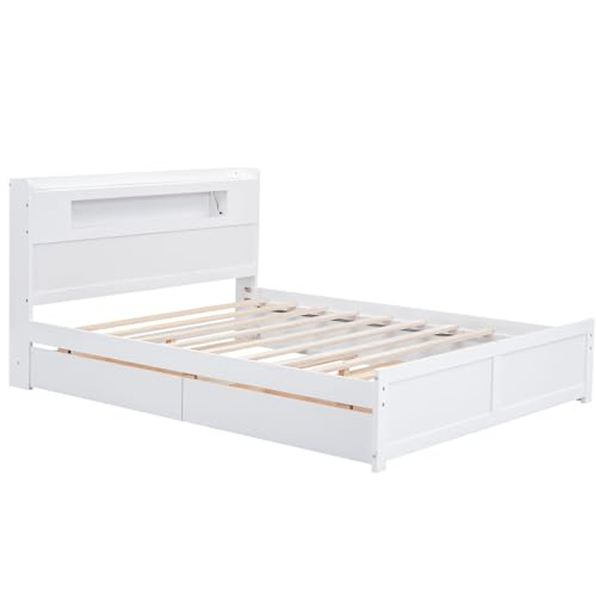 WOODRK Queen Size Storage Platform Bed Frame with Multifunctional Headboard with LED and Storage Shelves, Modern Wooden Beds with 2 Drawers and 1 Twin Size Trundle, for Bedroom, Easy Assembly, White