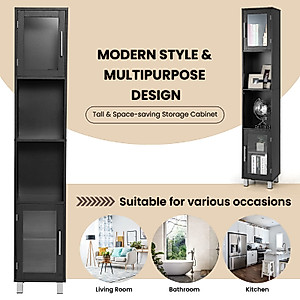 Tangkula Tall Bathroom Cabinet, Home Living Room Wood Storage Cabinet Free Standing w/ 4 Shelves and 2 Glass-Paneled Doors Suitable Tall Bathroom Cabinet