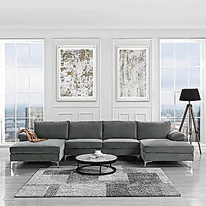 Casa Andrea Milano Modern Large Velvet Fabric U-Shape Sectional Sofa, Double Extra Wide Chaise Lounge Couch, Fossil