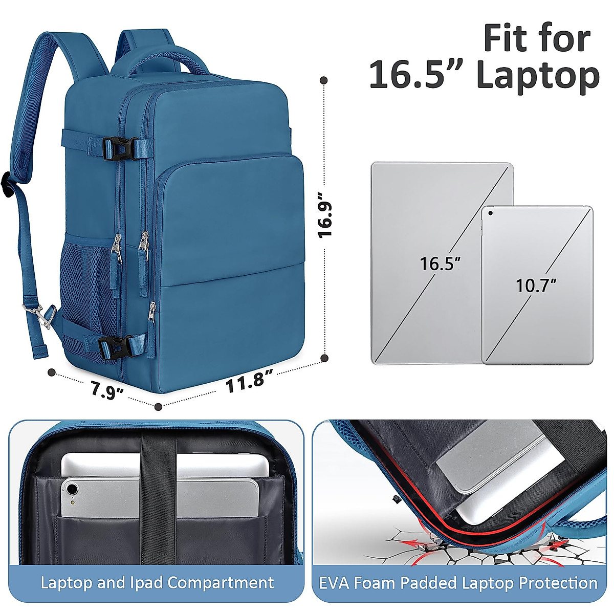 Snoffic Premium Carry On Backpack, Travel Backpack for Women Airline Approved, Large Waterproof College Business Work Hiking Casual Daypack Bag, Fits 16" Laptop, Dark Blue