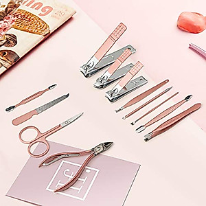 leiwo Manicure Set ,Pedicure Kit Nail Scissors Stainless Steel Professional Toenails Cuticle Cutter Clipper Fingernails Grooming Kit with Pink Leather Travel Case (12pcs Pink)