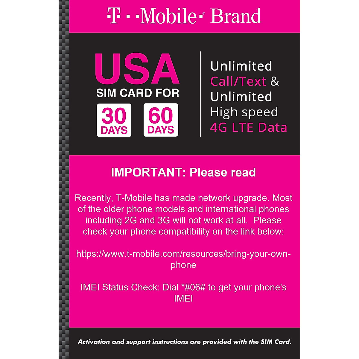 T-mobile Brand USA Prepaid Travel SIM Card Unlimited Call, Text and 4G LTE Data (for use in USA only) (for Phone use only. NOT for Modem/WiFi Devices) (30 Days)