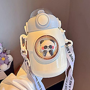 JQWSVE Kawaii Water Bottle with Straw, 24oz Cute Thermos Insulated Straw Bottle, Leak Proof Flip-Top Lid Stainless Steel for Boys Girls School Travel Z-White