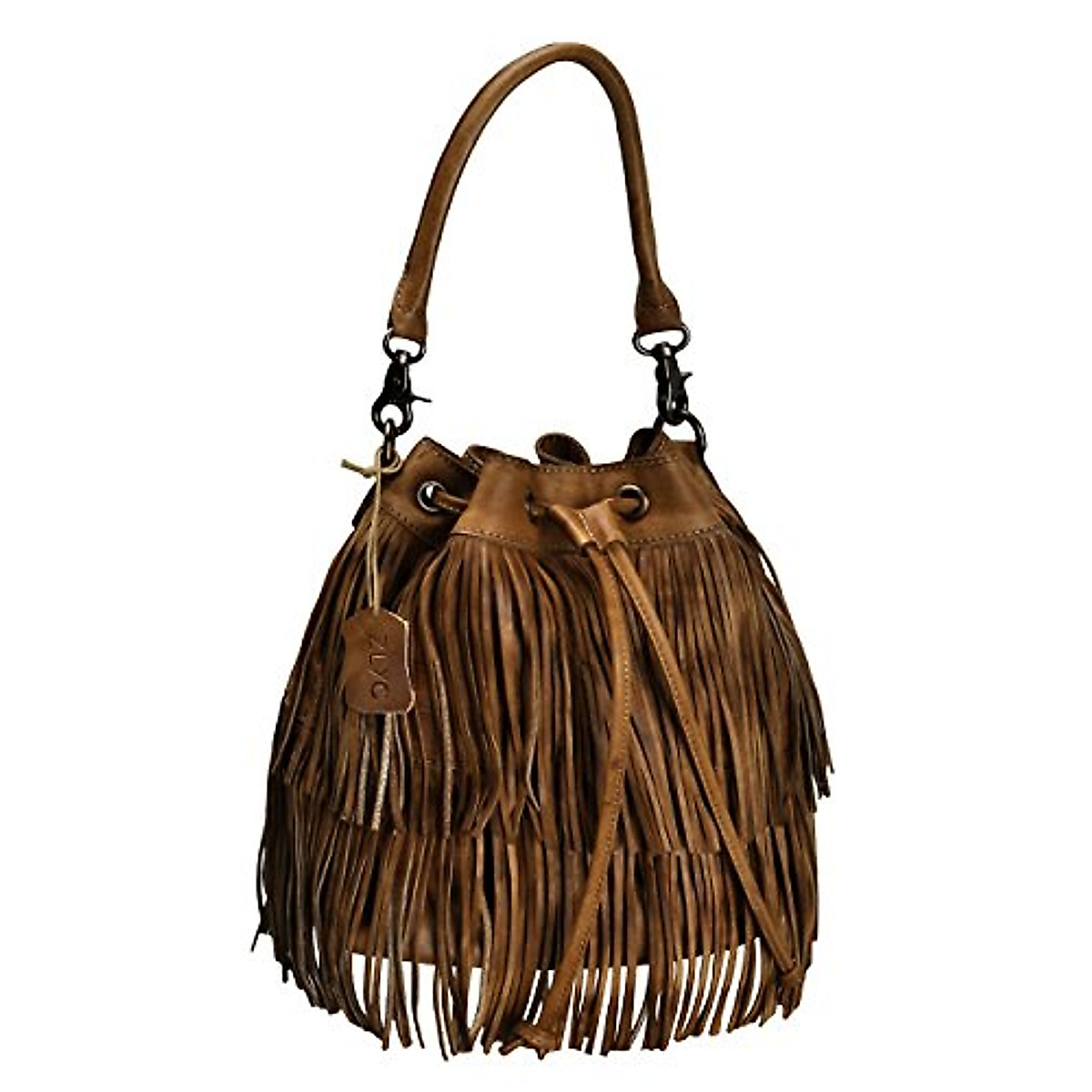 ZLYC Women Handmade Dip Dye Leather Bohemian Fringe Tassel Drawstring Bucket Bag, Brown