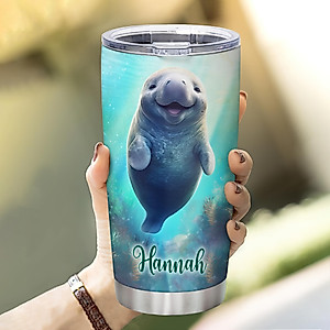 Hyturtle Personalized Gifts Manatee Lover - I Just Freaking Love Manatees Custom Name Stainless Steel Tumbler 20 oz With Lid - Idea Cute Sea Animal Lover Gifts For Women, Girl On Birthday, Christmas