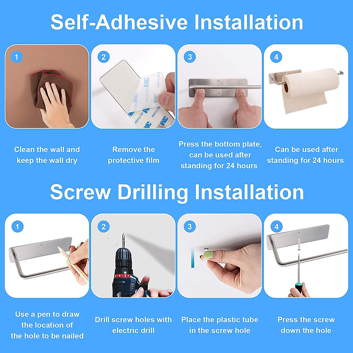 Under Cabinet Paper Towel Holder - 13'' Self Adhesive Paper Towel Holder Wall Mount Stainless Steel Toilet Paper Holder with Screw Hanging Towel Rack for Kitchen Bathroom Fit Large Paper Roll