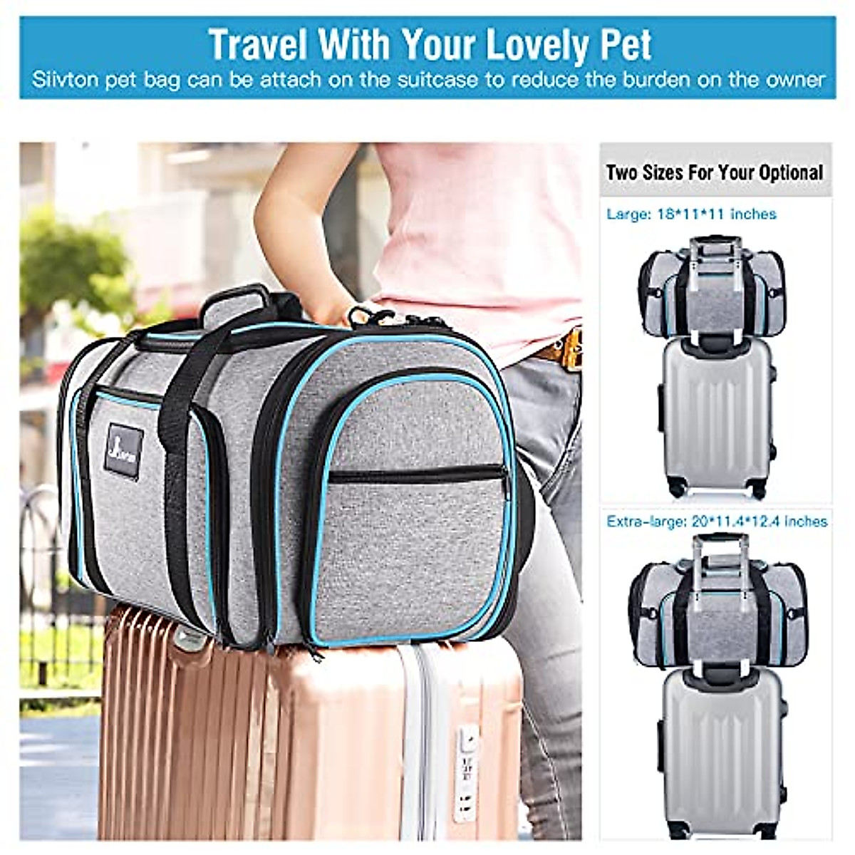 Siivton Airline Approved Pet Carrier, Soft Sided Pet Travel Carrier 4 Sides Expandable Cat Carrier with Fleece Pad for Cats, Puppy and Small Dogs
