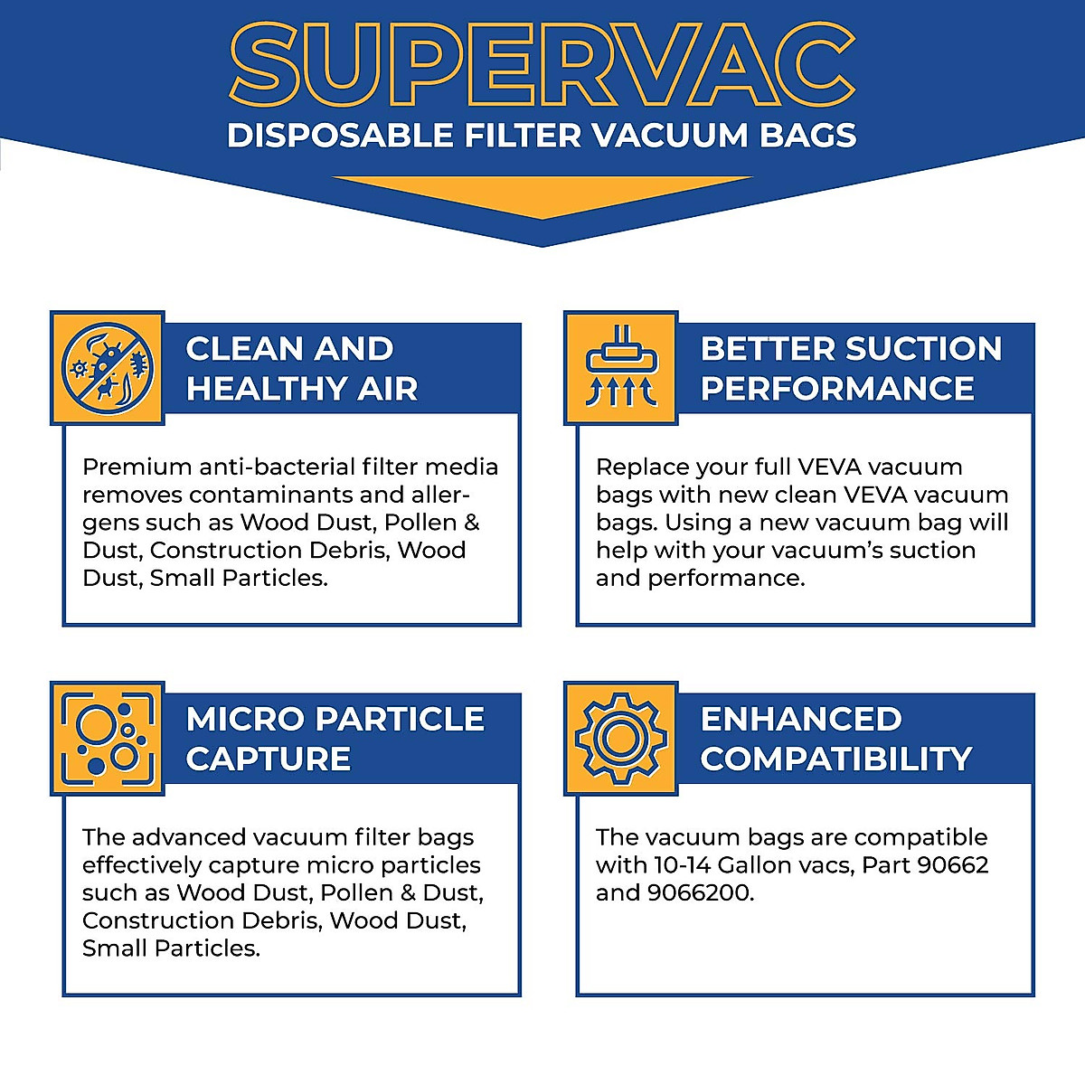 VEVA 15 Pack Premium Vacuum Filter Bags Type F 9066200 Work with Shop Vac 10-14 Gallon Vacuum, Part # SV Shopvac Shop-Vac 90662