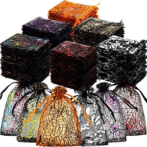 Chumia 270 Pcs Halloween Organza Bags Spider Web Skull Print Treat Bags with Drawstring Sheer Candy Gift Bags for Halloween Party Favors Supplies (4 x 6 Inch)
