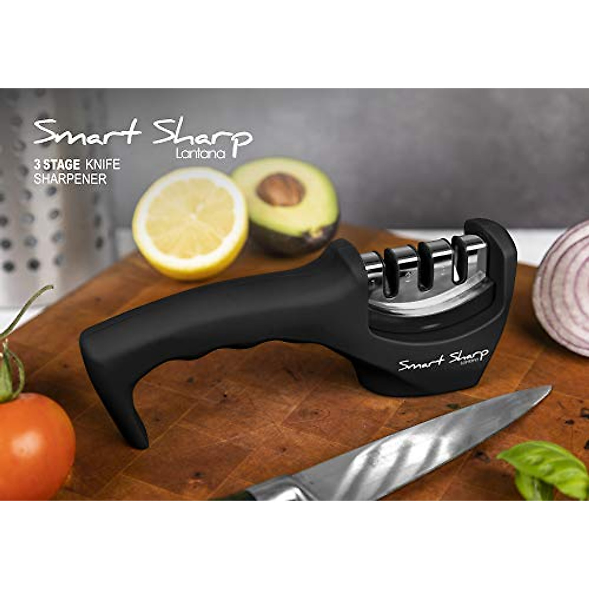 Lantana Smart Sharp Knife Sharpener - Professional 3 Stage Manual Sharpener for Sharpening Kitchen Knives - Ceramic Stone, Tungsten Carbide Plates, Diamond rods. Ergonomic Design, Black/Chrome Finish