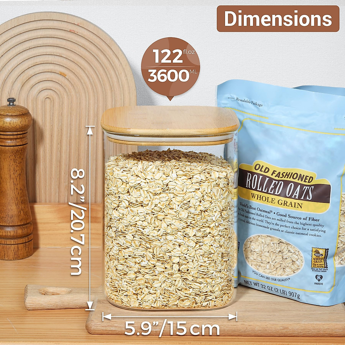 ComSaf 122 oz Glass Food Storage Containers, Cereal Storage Containers with Airtight Lids, Large Square Glass Jars with Bamboo Lids, for Rice, Pasta, Oats, Grains, Coffee Beans