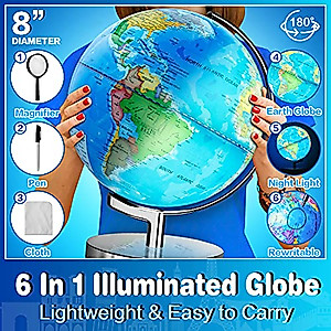 Illuminated World Globe(Dia 8-Inch) for Kids with Stand 6in1 Rewritable Colorful Easy-Read High Clear Map, Illuminates Educational Interactive Globe STEM Toy, Light Up Globe Lamp, Night Light LED Decor