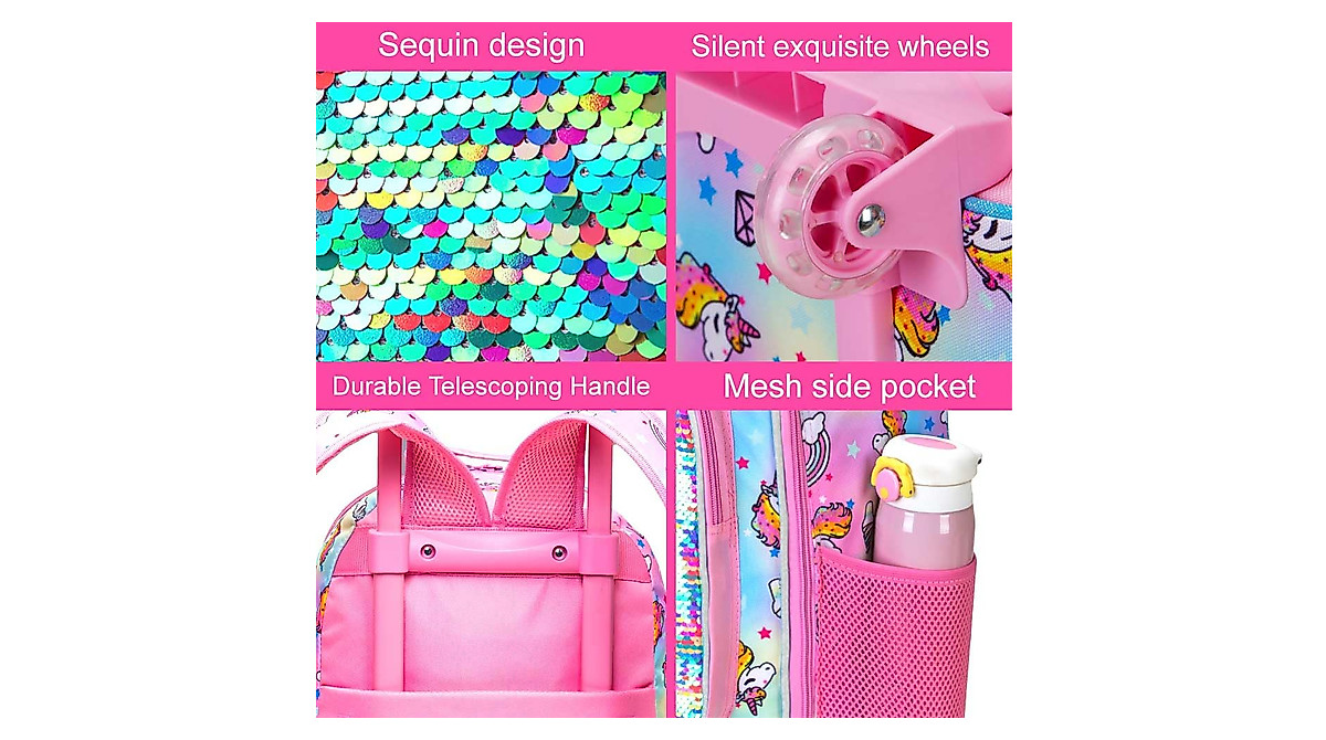 AGSDON Unicorn Rolling Backpack for Girls - 3PCS Set for School and Travel