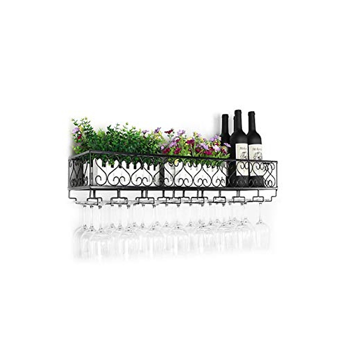 PIBM Stylish Simplicity Wine Rack Metal Wall-Mounted Stylish Simplicity Wine Rack and Glass Bracket Vintage Wrought Iron Display Stand, Home and Kitchen Bar, Black Bronze, 8 Bottles and 24 Cups