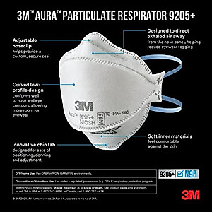 3M Aura Particulate Respirator 9205+ N95, Lightweight, Three Panel Designed Respirator Helps Provide Comfortable And Convenient Respiratory Protection, 10-Pack