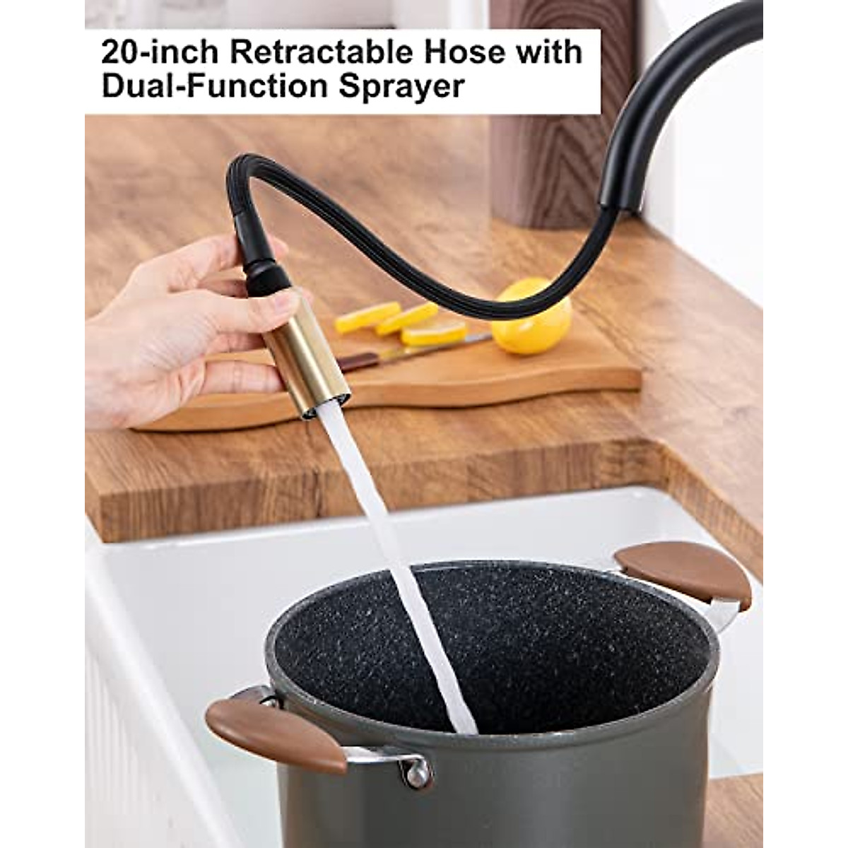 Darnok 79723BX Mia Black and Gold Kitchen Faucet with Pull Down Sprayer, 15.6-inch High-arc Magnetic Docking Kitchen Sink Faucet, Matte Black/Luxe Gold