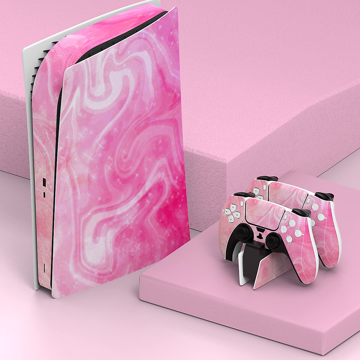 PlayVital Psychedelic Pink Full Set Skin Decal for ps5 Console Digital Edition, Sticker Vinyl Decal Cover for ps5 Controller & Charging Station & Headset & Media Remote
