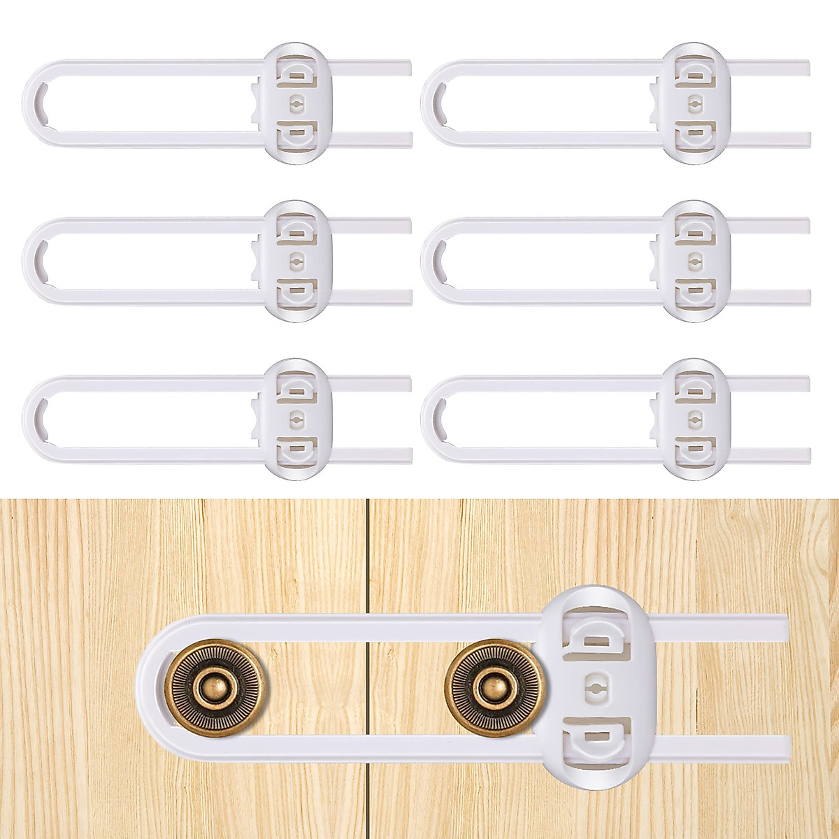 6-Pack Safety Cabinet Locks for babies, Child safety cabinet locks, baby Proof Cabinet latches, Adjustable U-Shaped Sliding Child locks for Closet cabinets Knob Handle(WHITE)