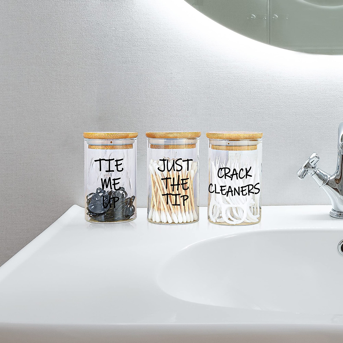 Glass Qtip Holder Dispenser Apothecary Jars, Storage Container with Bamboo Lid and Label, Bathroom Countertop Organizer for Cotton Swabs, Balls, Cotton Pad, Floss & More - Set of 3