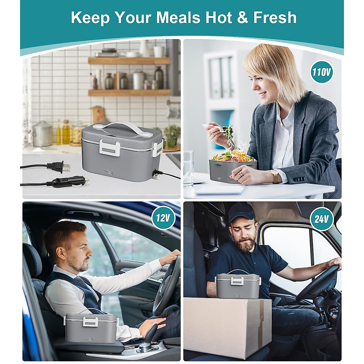 Dicorain Electric Lunch Box, 80w 1.8L Heated Lunch Box for Truck/Car/Office/Home/Work, 12/24/110v 3 In 1 Portable Food Warmer Lunch Box with Removable SS Container, Fork & Spoon (Grey)