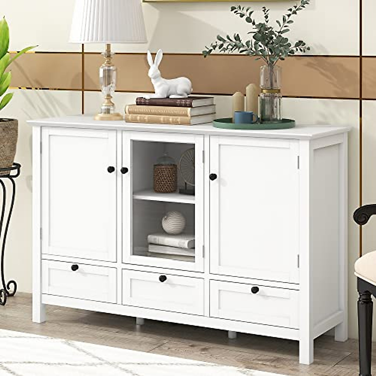 Amposei Modern 45-Inch Sideboard Buffet Cabinet Kitchen Dining Room Serving Table with Storage Drawers (White)