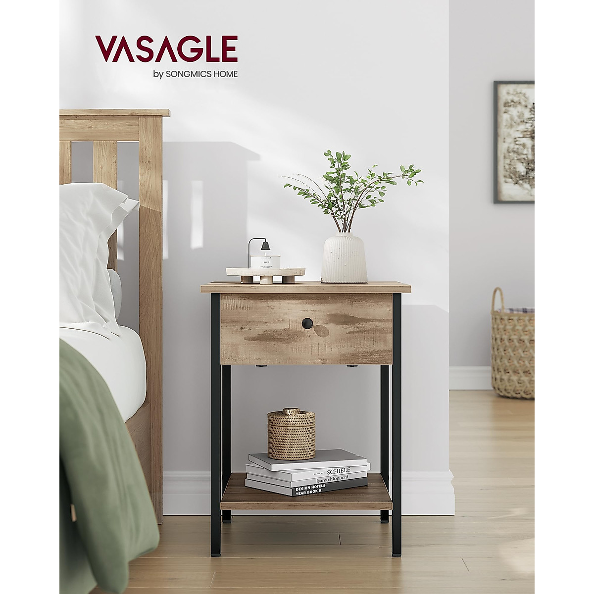 VASAGLE Nightstand, Bedside Table with Drawer, Side Table, End Table, for Bedroom, Office, Industrial, Camel Brown and Black ULET055B50