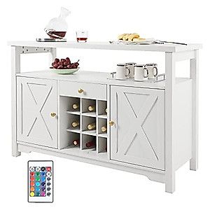 VEVOR 47 Inch Industrial Bar Cabinet, Wine Table for Liquor & Glasses, Sideboard Buffet Cabinet with Wine Rack, Freestanding Farmhouse Wood Coffee Bar Cabinet for Living Room, Home Bar, Kitchen White