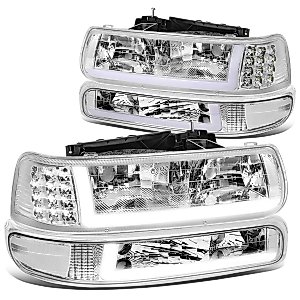 DNA MOTORING HL-LB-CSIL99-CH-CL1 Chrome Housing Pair LED DRL Headlight Bumper Lamps Replacement For 99-02 Silverado