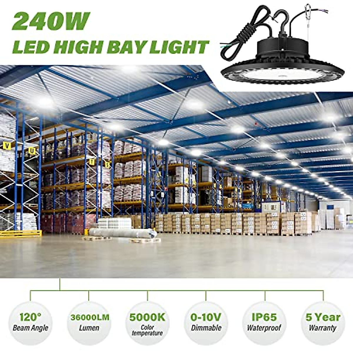 BFT LED High Bay Light 240W UFO 5000K 36,000LM,1-10V Dimmable,1000W HID/HPS Replacement,UL 5-Foot Cable,UL Certified Driver IP65,Hook Mount,Shop Lights,Garage,Factory,Warehouse,Workshop,Area Light.
