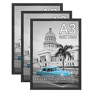 Veelot A3 Picture Frame Black Solid Wood Photo Frame Set of 3 with HD Plexiglass for Wall Collage Gallery Certificate Document Wall Mounting Display Home Decor(11.7X16.5)