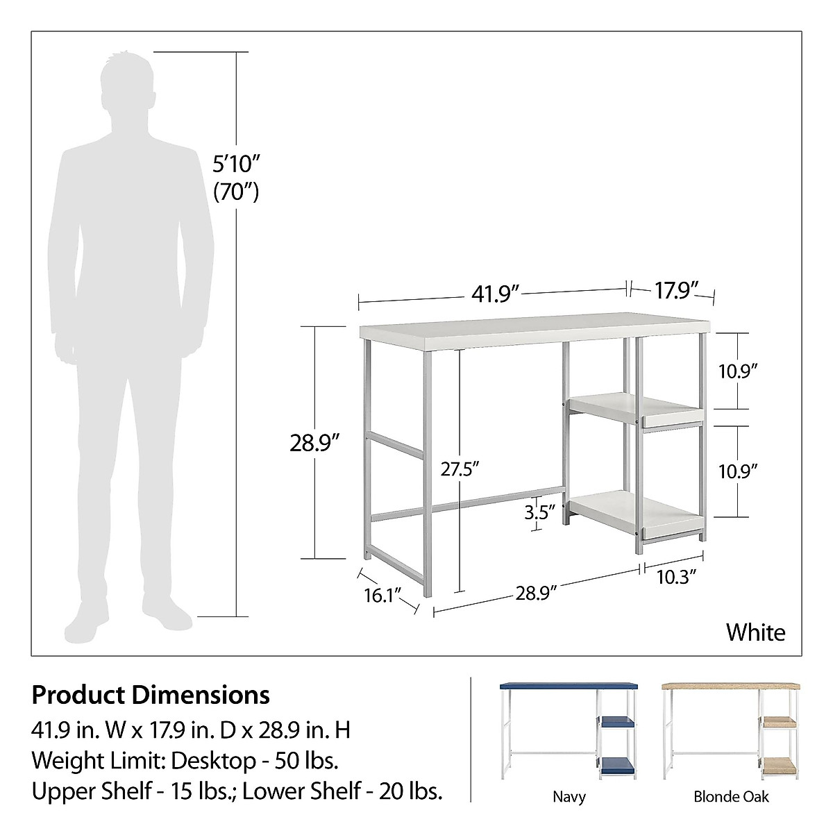 REALROOMS Kimberly Desk with Reversible Shelves, Navy