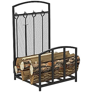 HOMCOM Firewood Rack with Fireplace Tools, Indoor Outdoor Firewood Holder for Fireplace, Wood Stove, Hearth or Fire Pit, Wood Storage Log Rack Includes Poker, Tongs, Broom, Shovel, Black