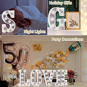 LED Marquee Letter Lights, Light Up Silver Diamond Alphabet Marquee Letters Sign Glitter Silver Party Decorations Girls Birthday Gifts Bedroom Night Light Wedding Bar Christmas Decor, Bling Letter A